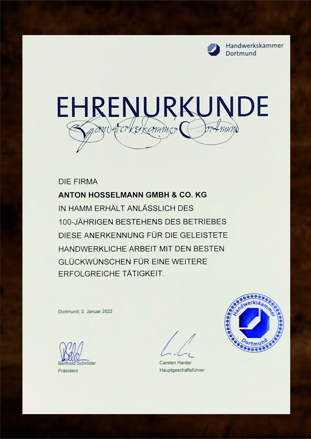 Ehrenurkunde – Hosselmann