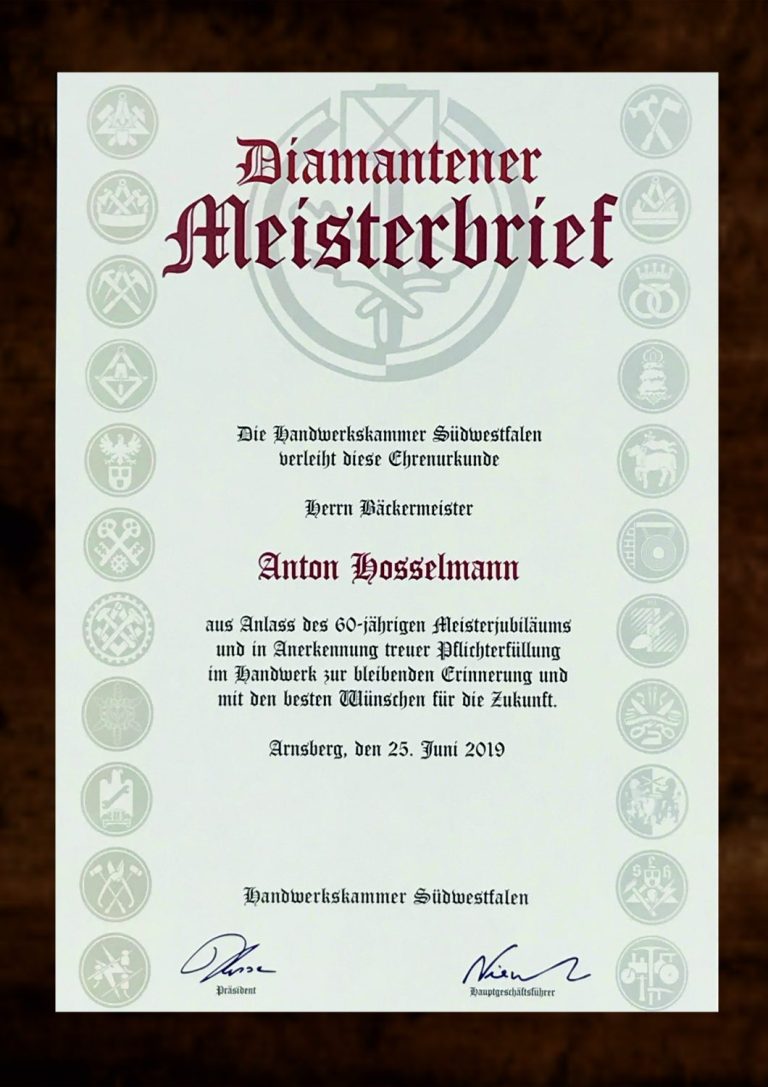 Diamantener Meisterbrief – Hosselmann